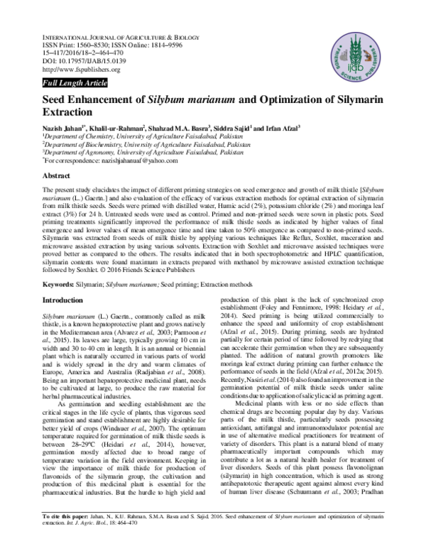 (PDF) Seed Enhancement of Silybum marianum and Optimization of ...