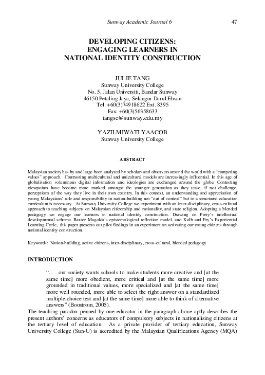 (PDF) Developing citizens : engaging learners in national identity construction