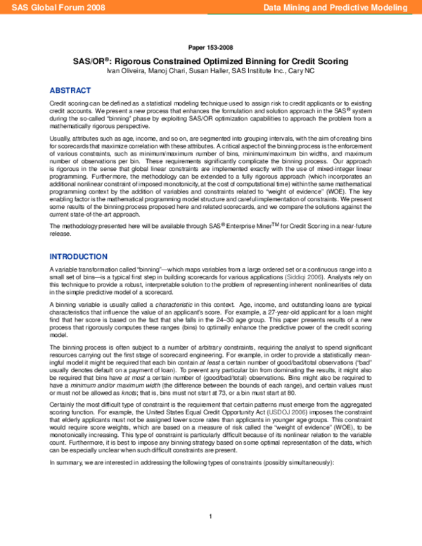(PDF) SAS/OR®: Rigorous Constrained Optimized Binning for Credit Scoring