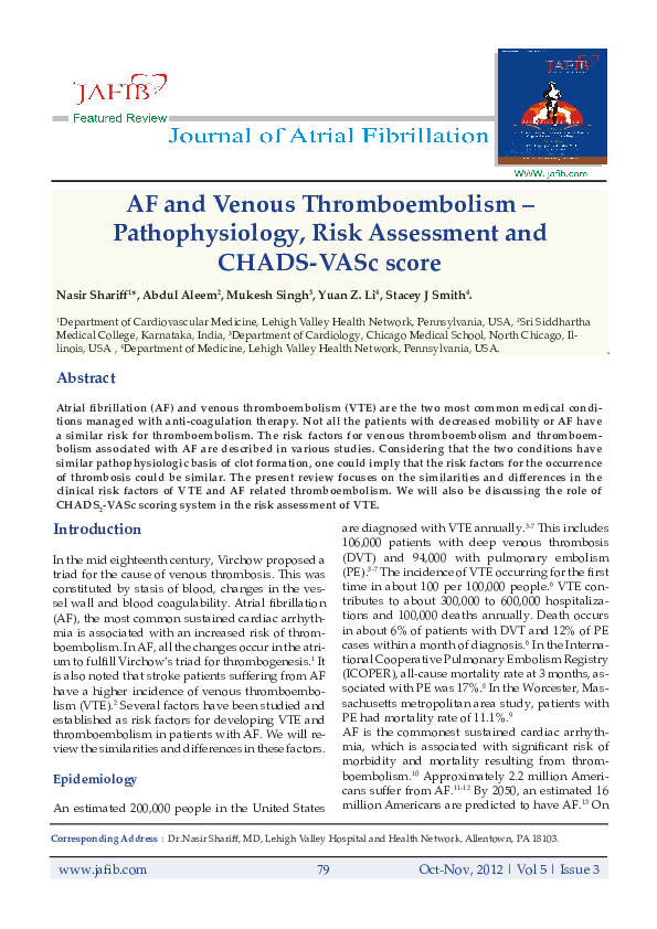 (PDF) AF and Venous Thromboembolism - Pathophysiology, Risk Assessment and CHADS-VASc score ...
