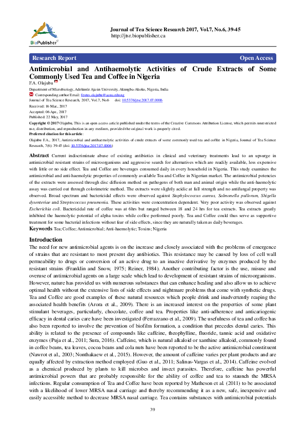 (PDF) Antimicrobial and Antihaemolytic Activities of Crude Extracts of Some Commonly Used Tea ...