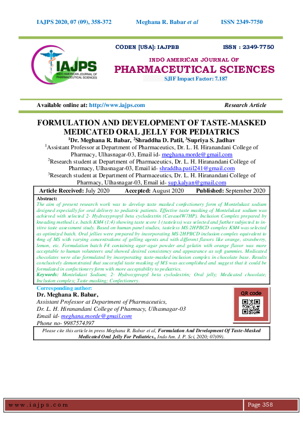 (PDF) Formulation and Development of Taste-Masked Medicated Oral Jelly ...