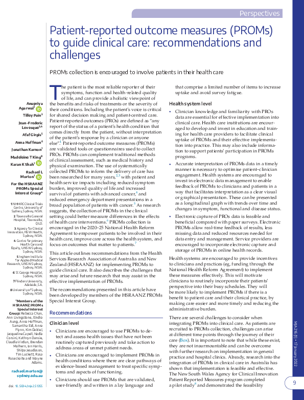 (PDF) Patient‐reported outcome measures (PROMs) to guide clinical care: recommendations and ...