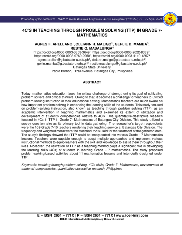 (PDF) 4C'S in Teaching Through Problem Solving (TTP) in Grade 7 ...