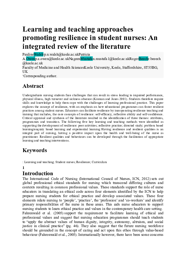 (DOC) Learning and teaching approaches promoting resilience in student ...