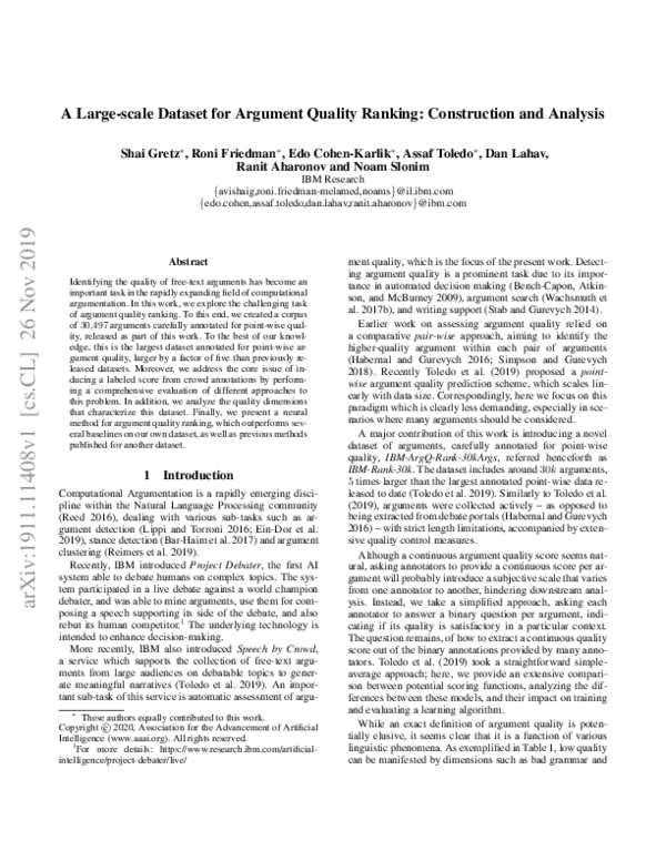 (PDF) A Large-Scale Dataset for Argument Quality Ranking: Construction and Analysis