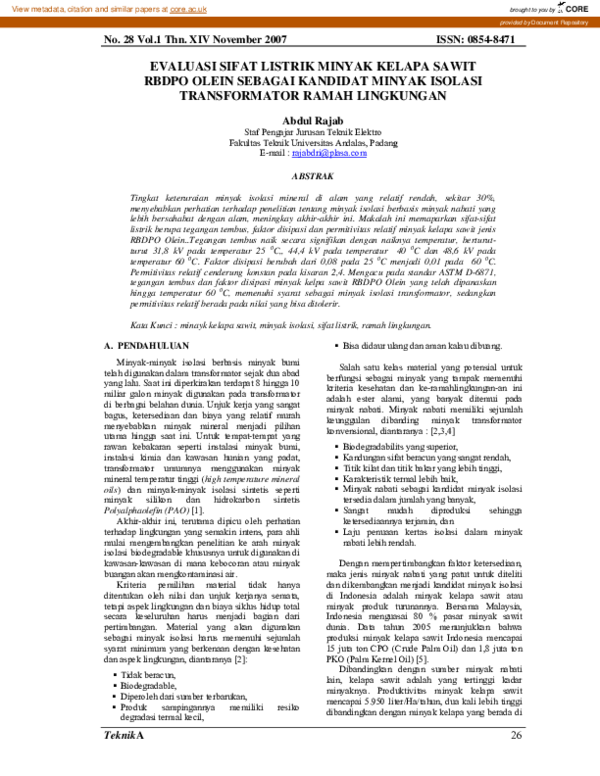 (PDF) Evaluasi Sifat Listrik Minyak Kelapa Sawit Rbdpo Olein Sebagai ...