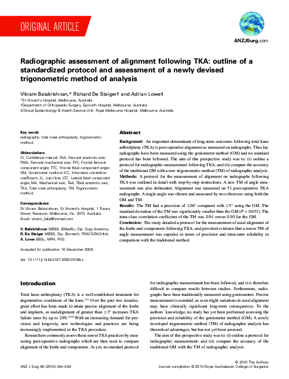 Pdf Radiographic Assessment Of Alignment Following Tka Outline Of A