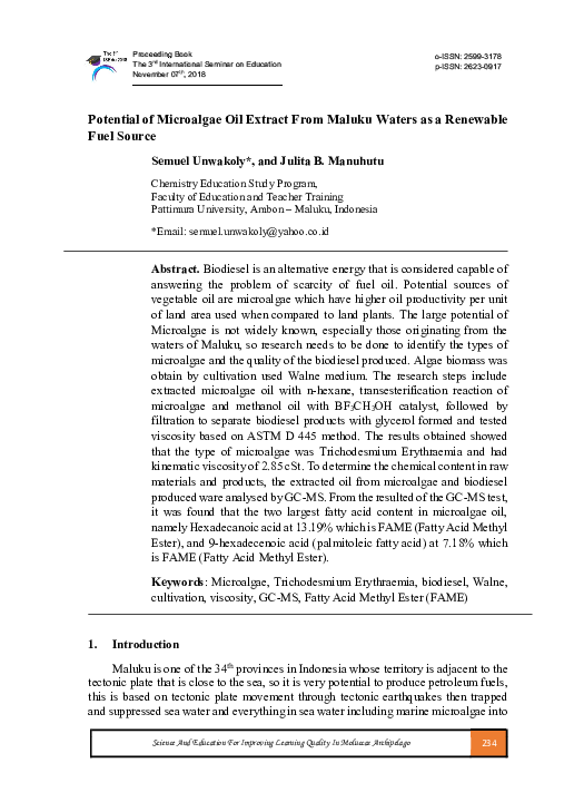 (PDF) Potential of Microalgae Oil Extract From Maluku Waters as a Renewable Fuel Source