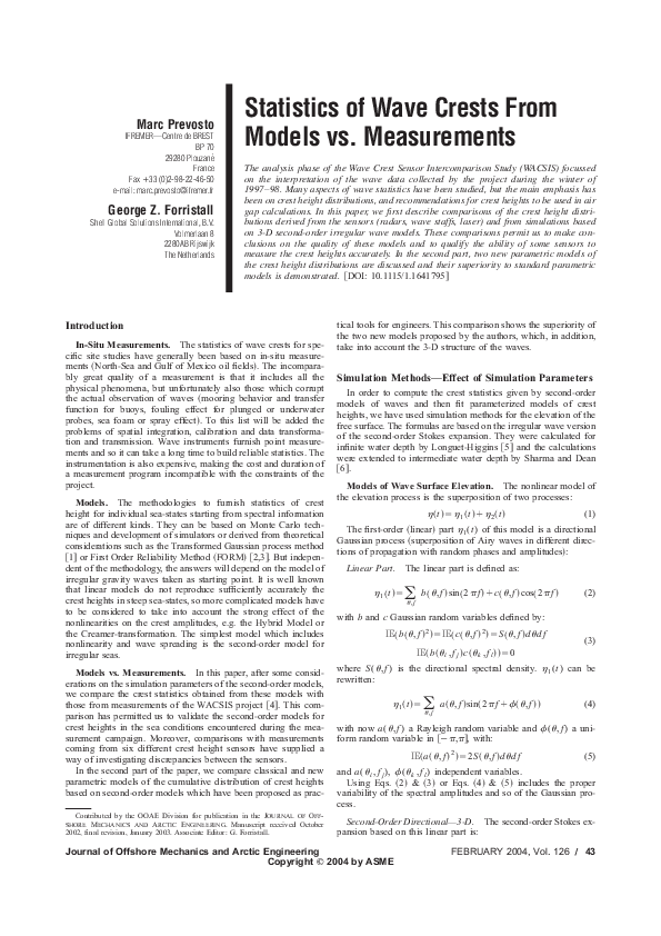 (PDF) Statistics of Wave Crests From Models vs. Measurements