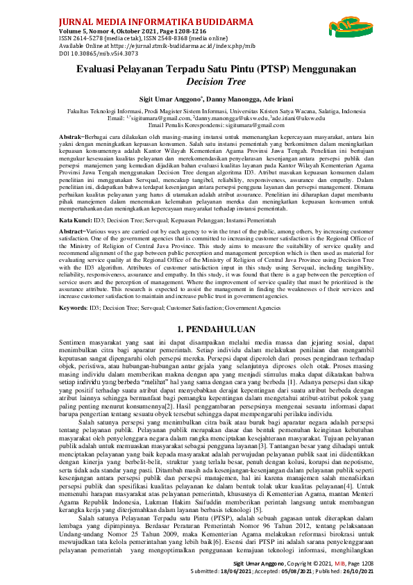 (PDF) Evaluasi Pelayanan Terpadu Satu Pintu (PTSP) Menggunakan Decision Tree | ade iriani ...