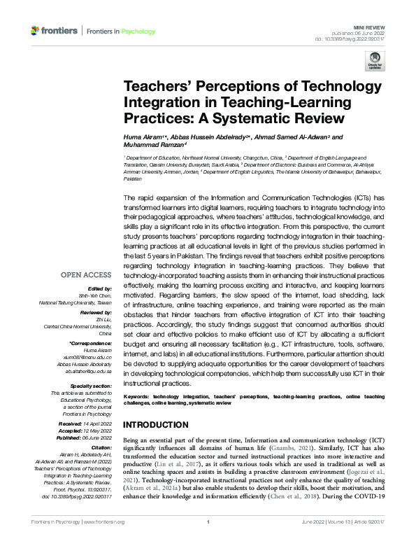 (PDF) Teachers’ Perceptions of Technology Integration in Teaching-Learning Practices: A ...