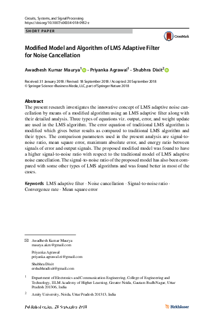 (PDF) Modified Model and Algorithm of LMS Adaptive Filter for Noise Cancellation