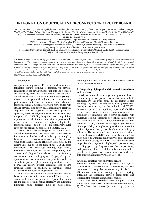 (PDF) Integration of Optical Interconnects on Circuit Board