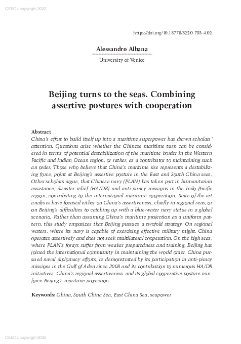 (PDF) Beijing turns to the seas. Combining assertive postures with ...