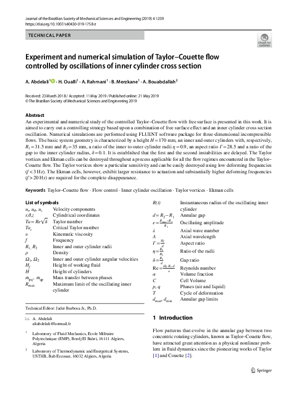 (PDF) Experiment and numerical simulation of Taylor–Couette flow controlled by oscillations of ...