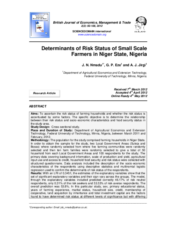 (PDF) Determinants of Risk Status of Small Scale Farmers in Niger State ...