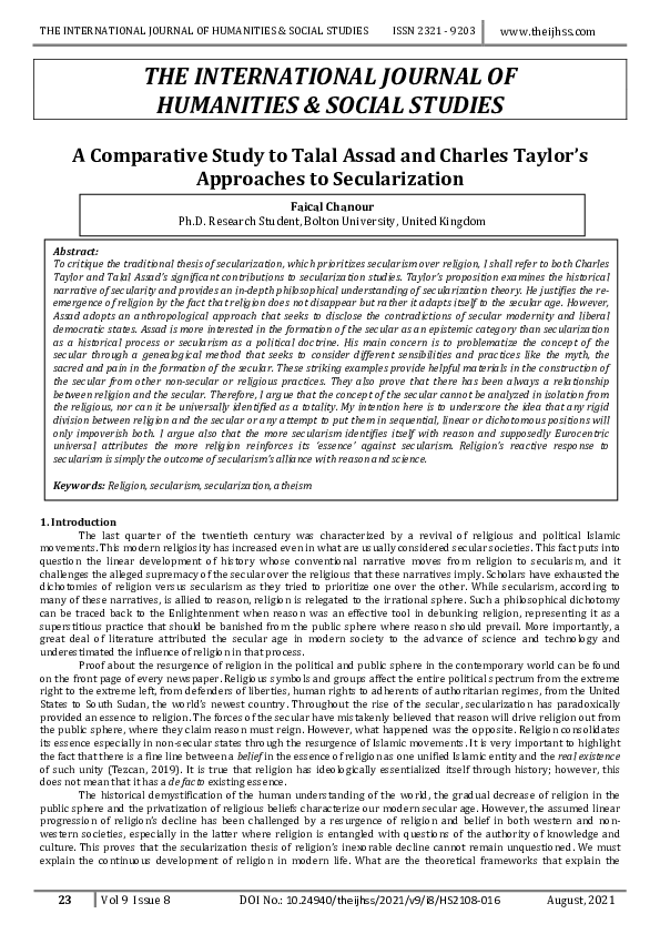 (PDF) A Comparative Study to Talal Assad and Charles Taylor’s Approaches to Secularization