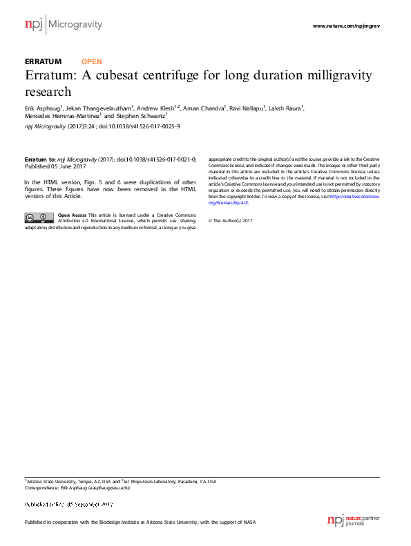 (PDF) Erratum: A cubesat centrifuge for long duration milligravity research