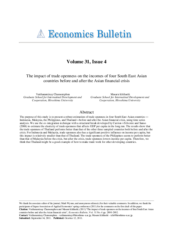 Pdf The Impact Of Trade Openness On The Incomes Of Four South East 8910