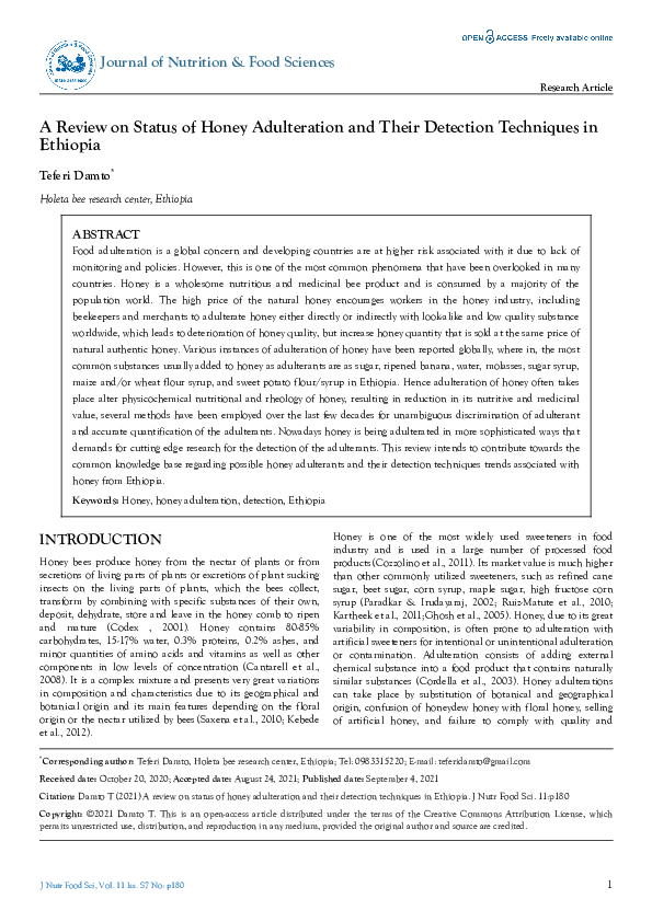 Pdf A Review On Status Of Honey Adulteration And Their Detection Techniques Inethiopia