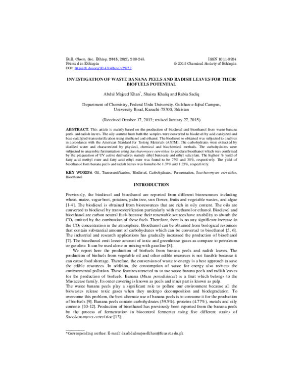(PDF) Investigation of waste banana peels and radish leaves for their ...