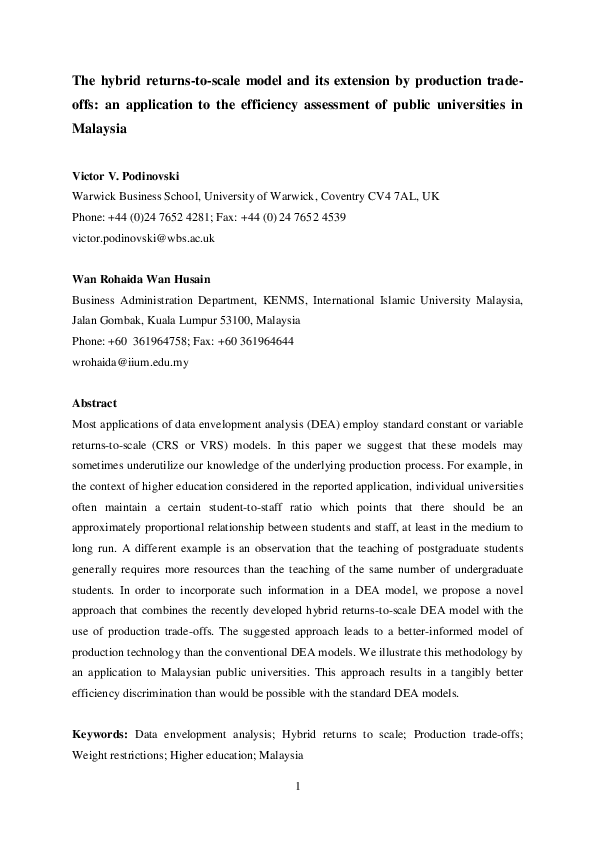 (PDF) The hybrid returns-to-scale model and its extension by production trade-offs: an ...