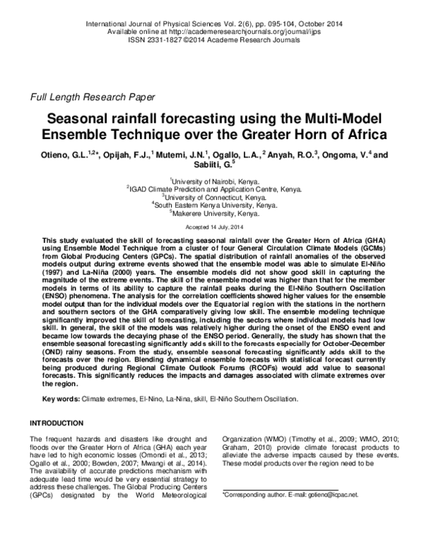 Pdf Seasonal Rainfall Forecasting Using The Multi Model Ensemble Technique Over The Greater