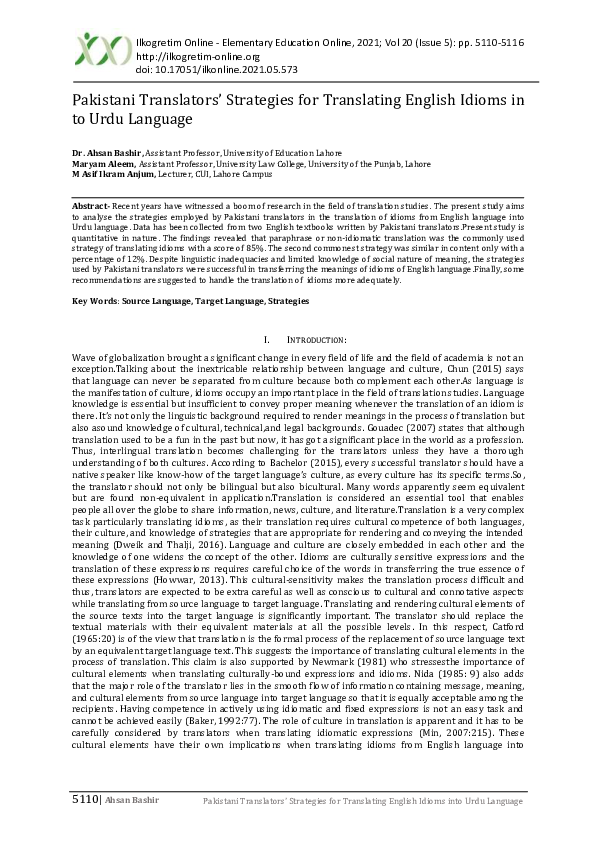 (PDF) Pakistani Translators' Strategies for Translating English Idioms ...