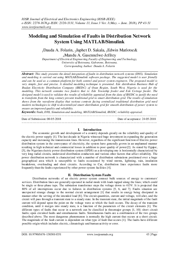 (PDF) Modeling and Simulation of Faults in Distribution Network System Using MATLAB / Simulink
