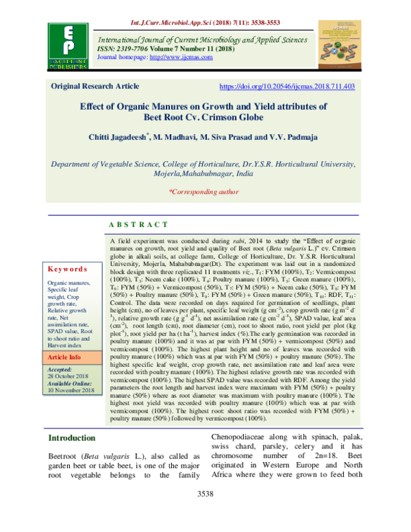 (PDF) Effect of Organic Manures on Growth and Yield attributes of Beet ...