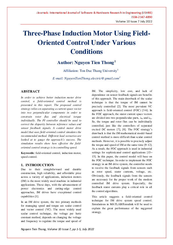 Pdf Three Phase Induction Motor Using Field Oriented Control Under Various Conditions