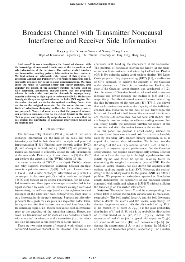 (PDF) Broadcast channel with transmitter noncausal interference and ...