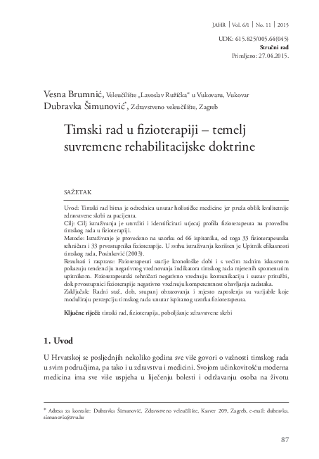 (PDF) Timski rad u fizioterapiji – temelj suvremene rehabilitacijske doktrine