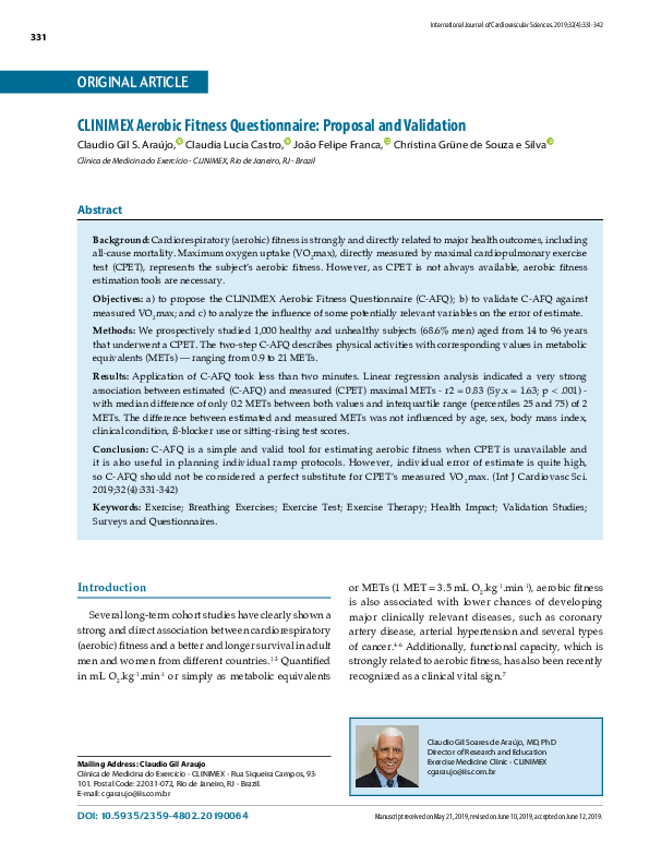 (PDF) CLINIMEX Aerobic Fitness Questionnaire: Proposal and Validation
