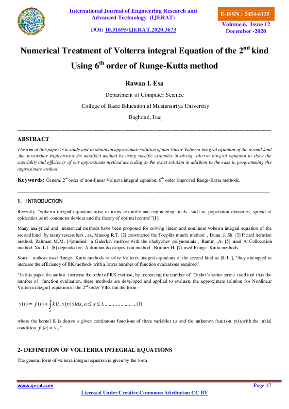 Pdf Numerical Treatment Of Volterra Integral Equation Of The 2nd Kind Using 6thorder Of Runge