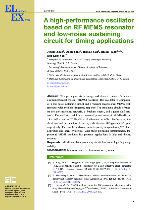 (PDF) A high-performance oscillator based on RF MEMS resonator and low-noise sustaining circuit ...