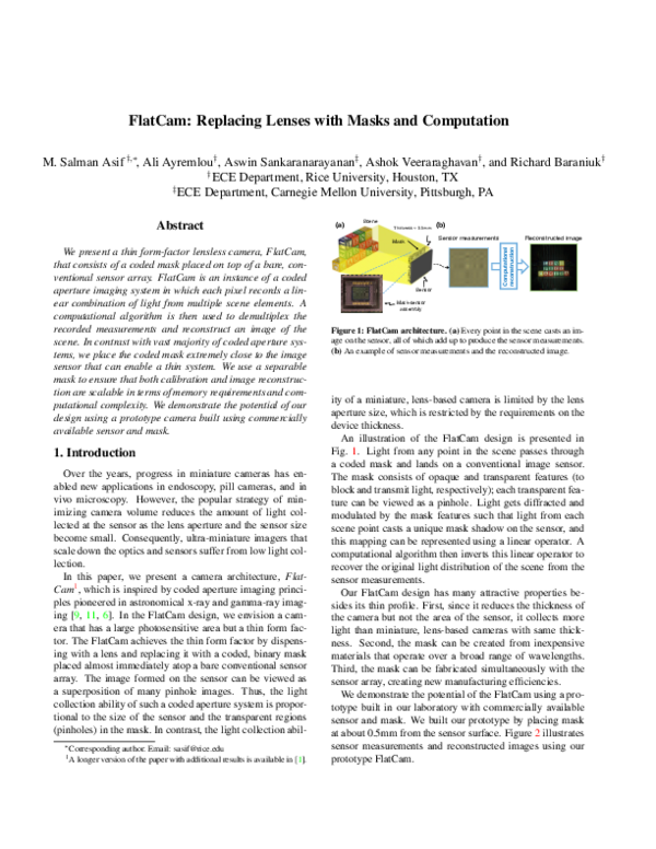 (PDF) FlatCam: Replacing Lenses with Masks and Computation