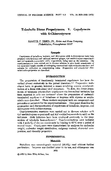 (PDF) Telechelic diene prepolymers. V. Copolymers with 4-chlorostyrene