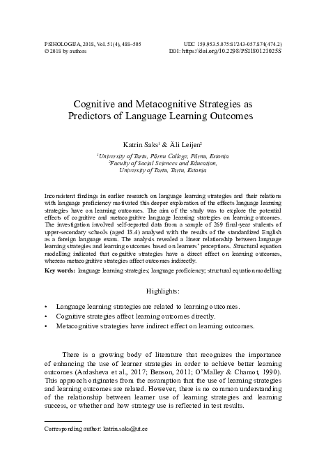 (PDF) Cognitive and metacognitive strategies as predictors of language learning outcomes