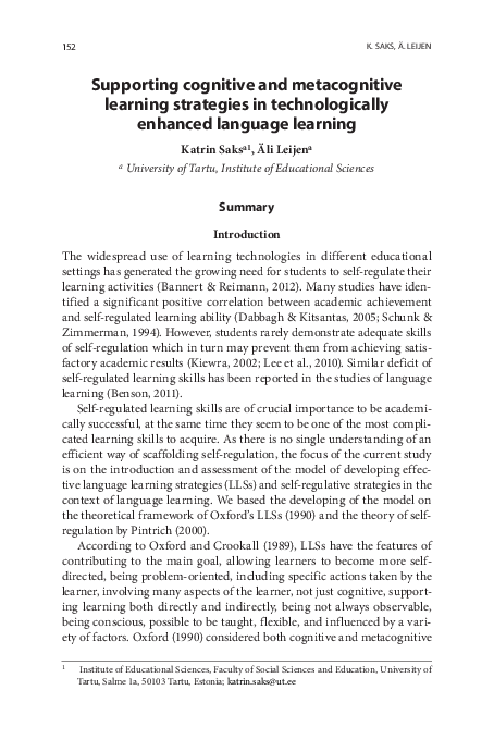 Pdf Supporting Cognitive And Metacognitive Learning Strategies In