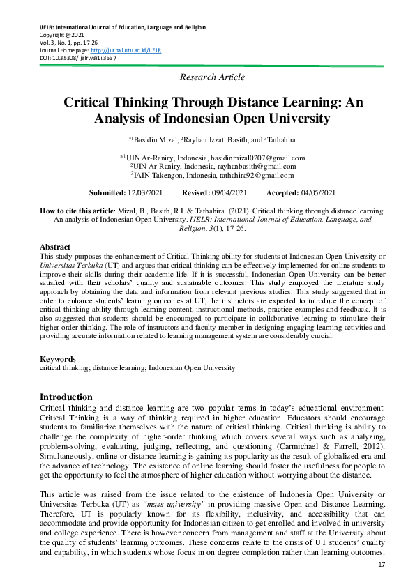 (PDF) Critical Thinking Through Distance Learning: An Analysis of Indonesian Open University
