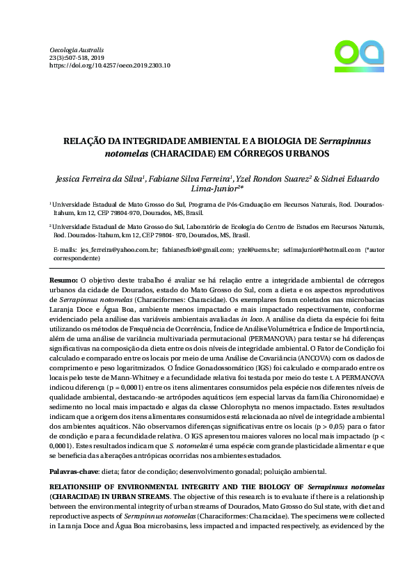 (PDF) RELAÇÃO DA INTEGRIDADE AMBIENTAL E A BIOLOGIA DE Serrapinnus ...