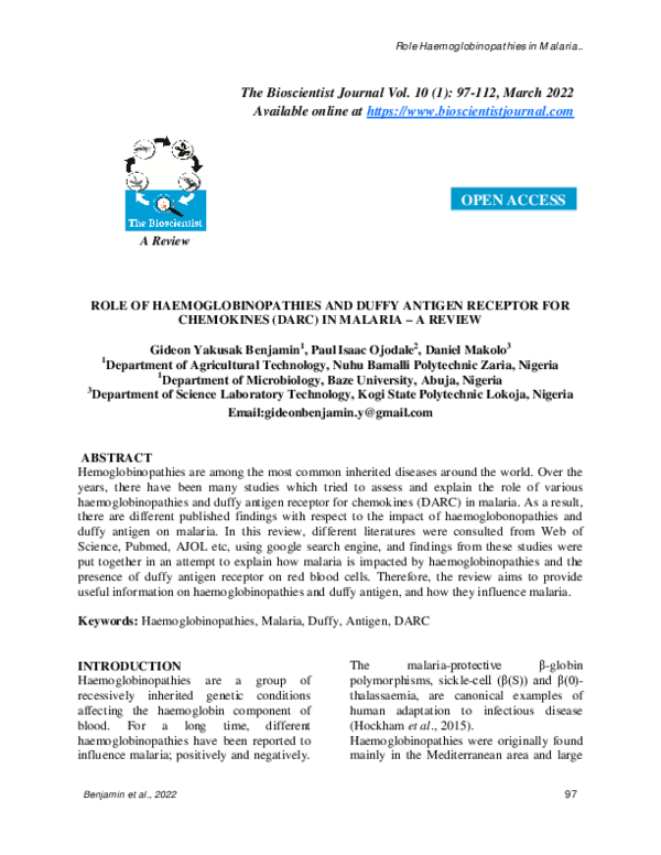 (PDF) ROLE OF HAEMOGLOBINOPATHIES AND DUFFY ANTIGEN RECEPTOR FOR ...