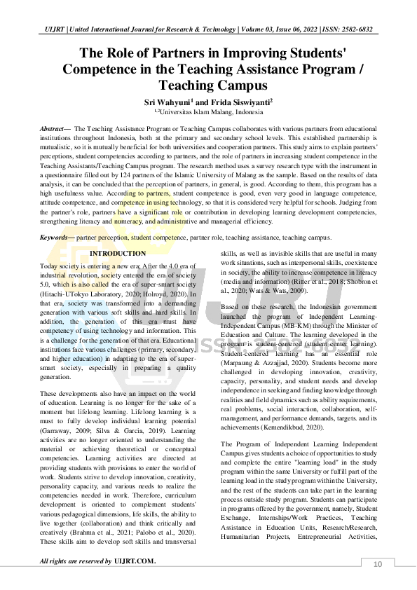 (PDF) The Role of Partners in Improving Students' Competence in the ...