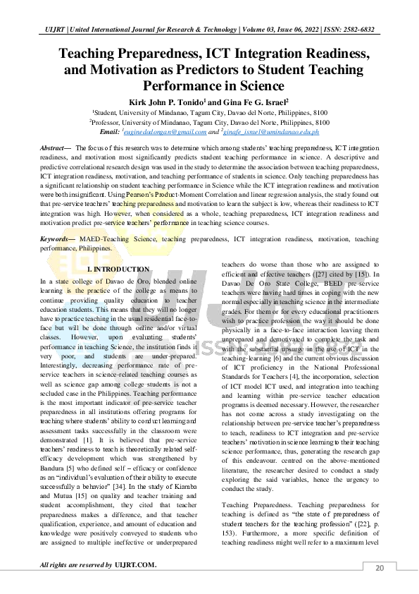 (PDF) Teaching Preparedness, ICT Integration Readiness, and Motivation ...