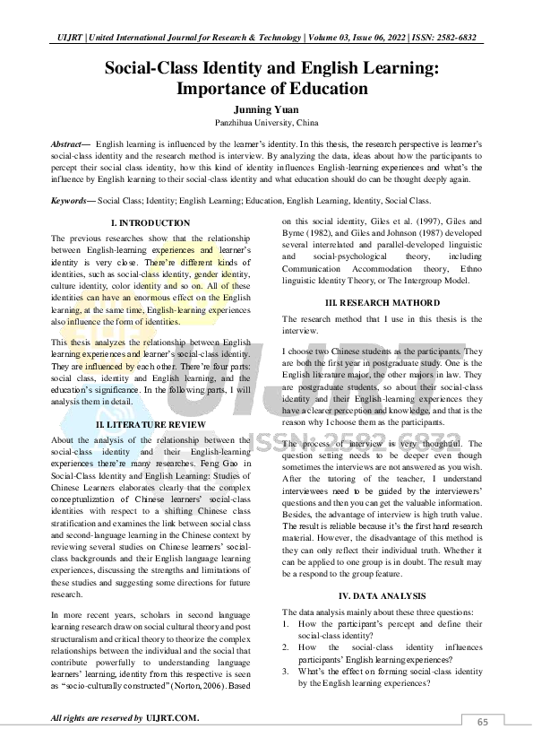 (PDF) Social-Class Identity and English Learning: Importance of Education