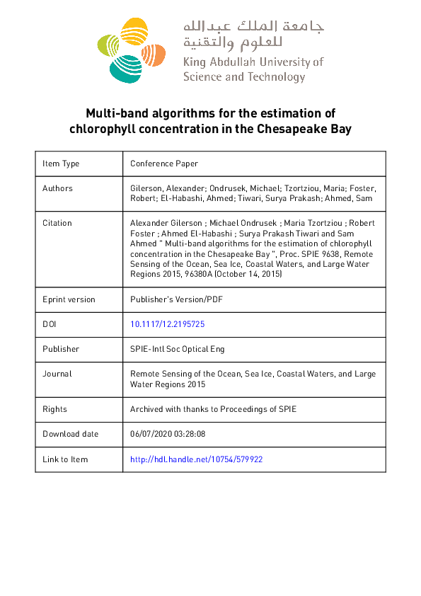 Pdf Multi Band Algorithms For The Estimation Of Chlorophyll