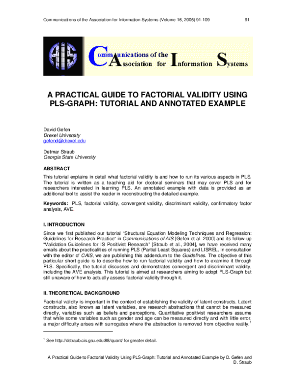 Pdf A Practical Guide To Factorial Validity Using Pls Graph Tutorial