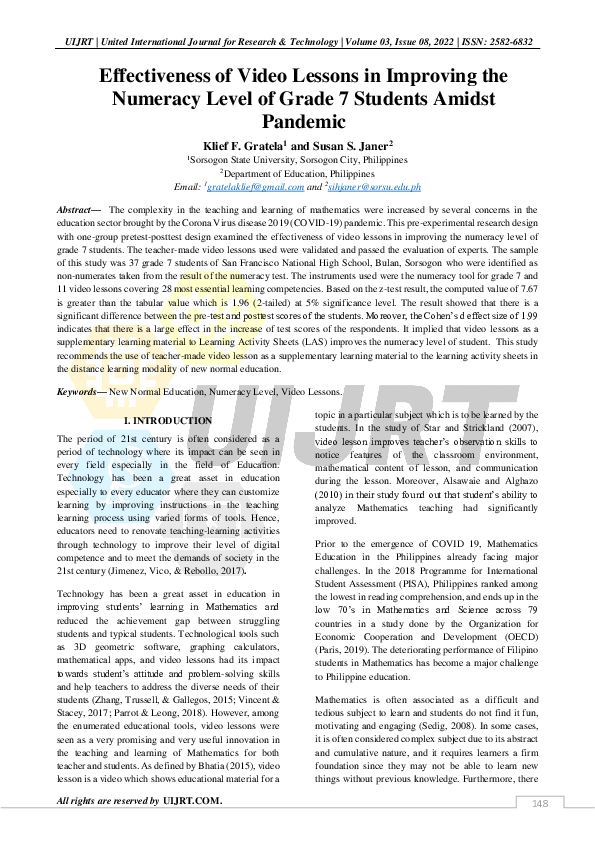(PDF) Effectiveness of Video Lessons in Improving the Numeracy Level of Grade 7 Students Amidst ...